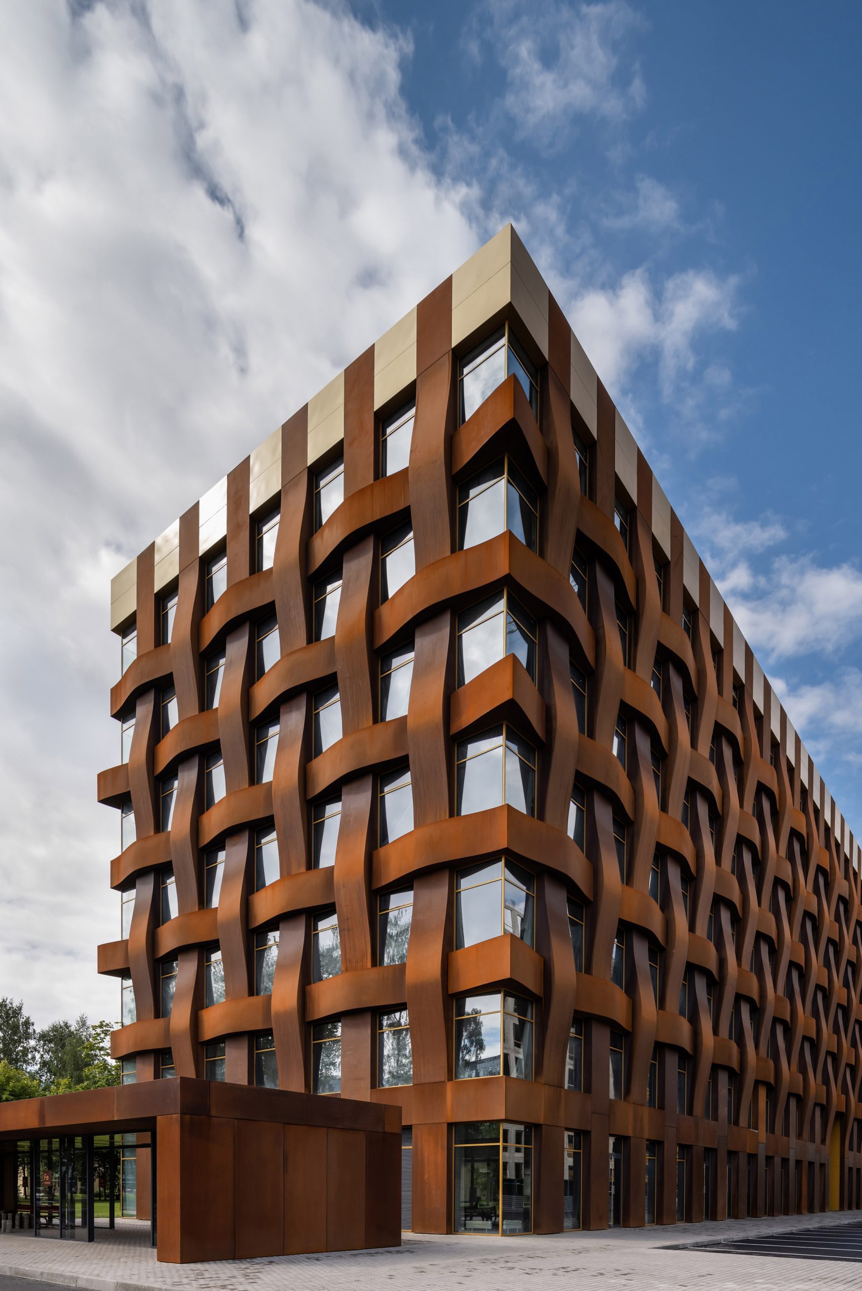 Sergei Tchoban Uses Corten Steel To Create Huge Basket Weave Facade