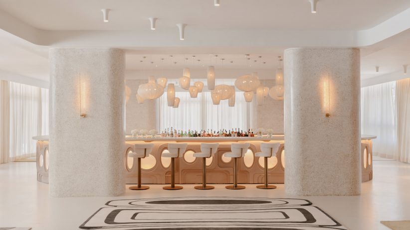 White-washed Mondrian Ibiza hotel perches above Cala Llonga bay