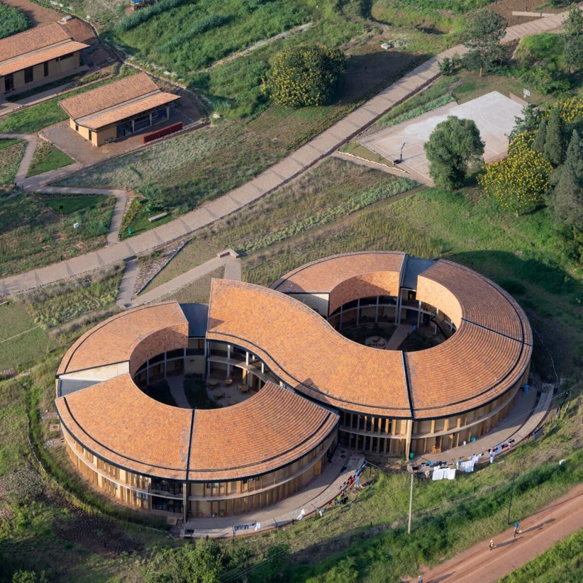 Seven interlocking buildings with parts that overlap or fit together