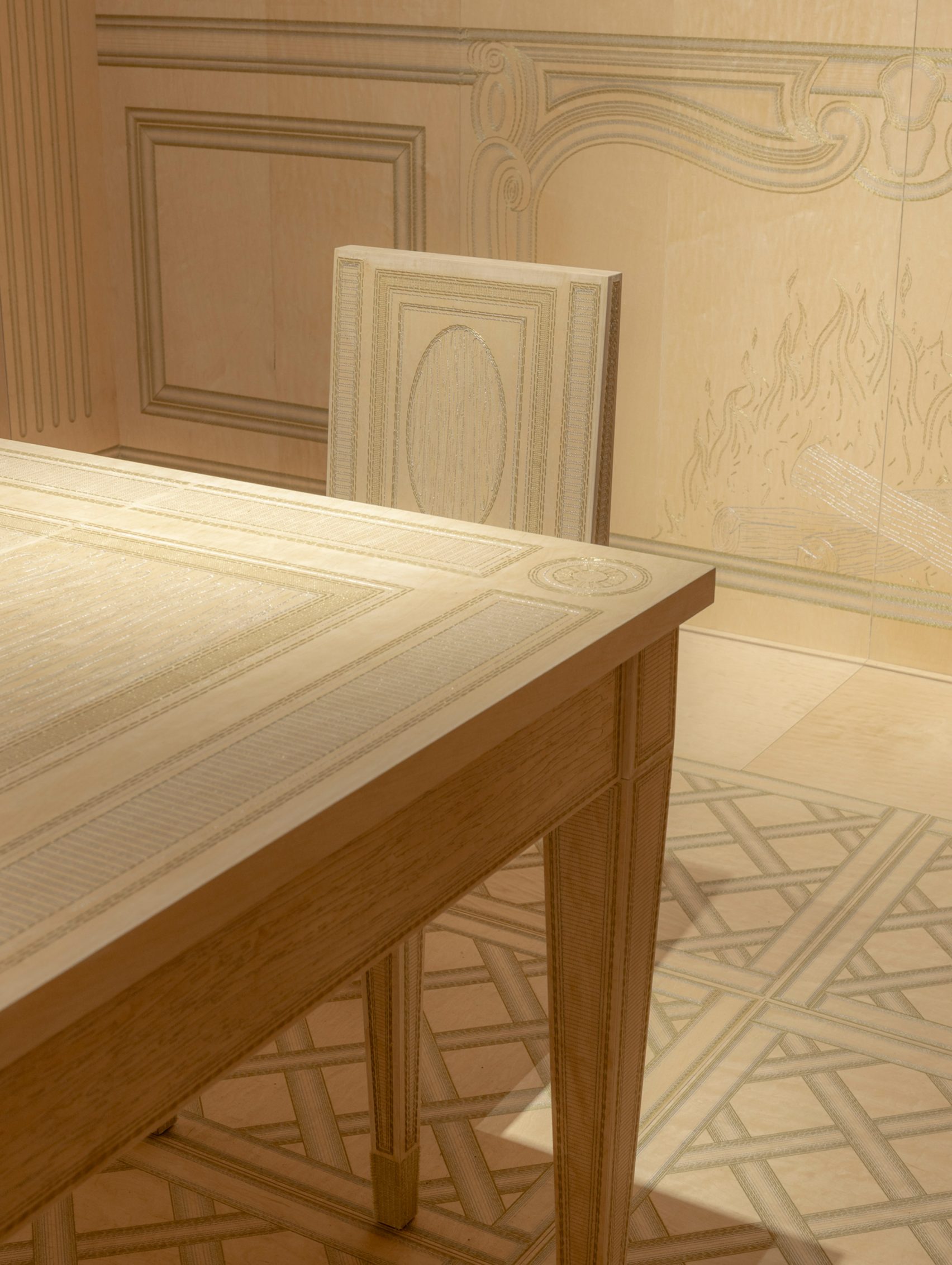 Embroidered Wooden Furniture Decorates Nullus Locus Installation