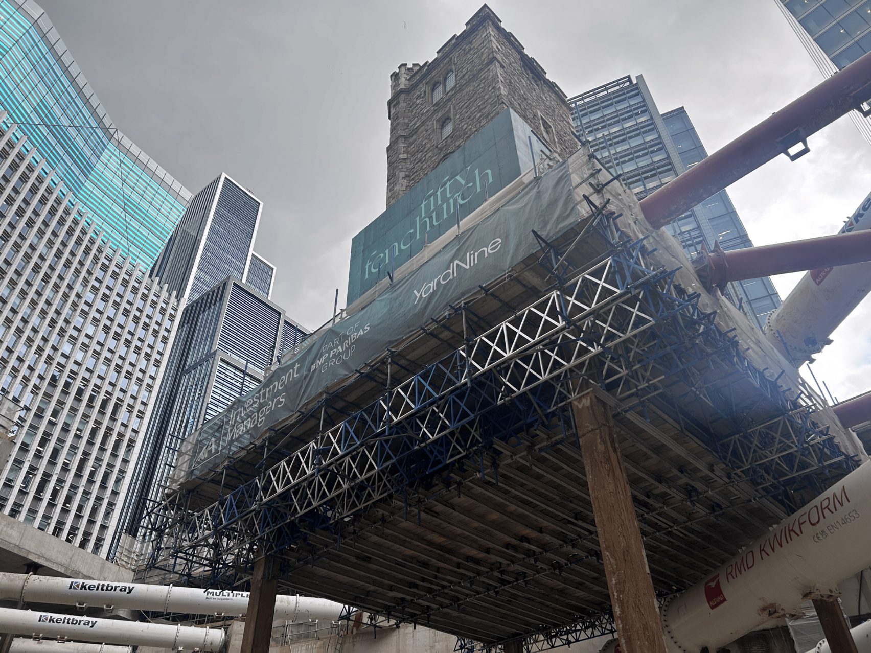 Medieval church propped above excavation site for London skyscraper
