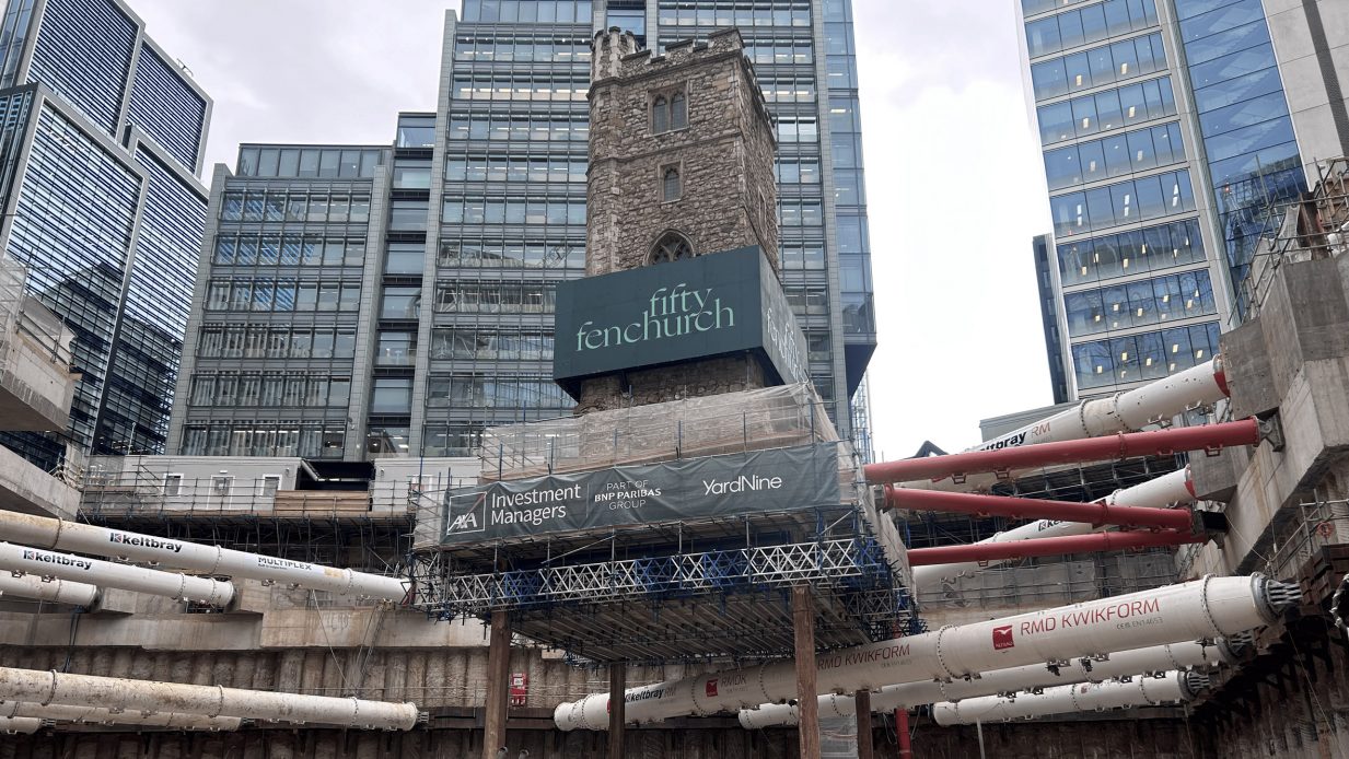 Medieval church propped above excavation site for London skyscraper